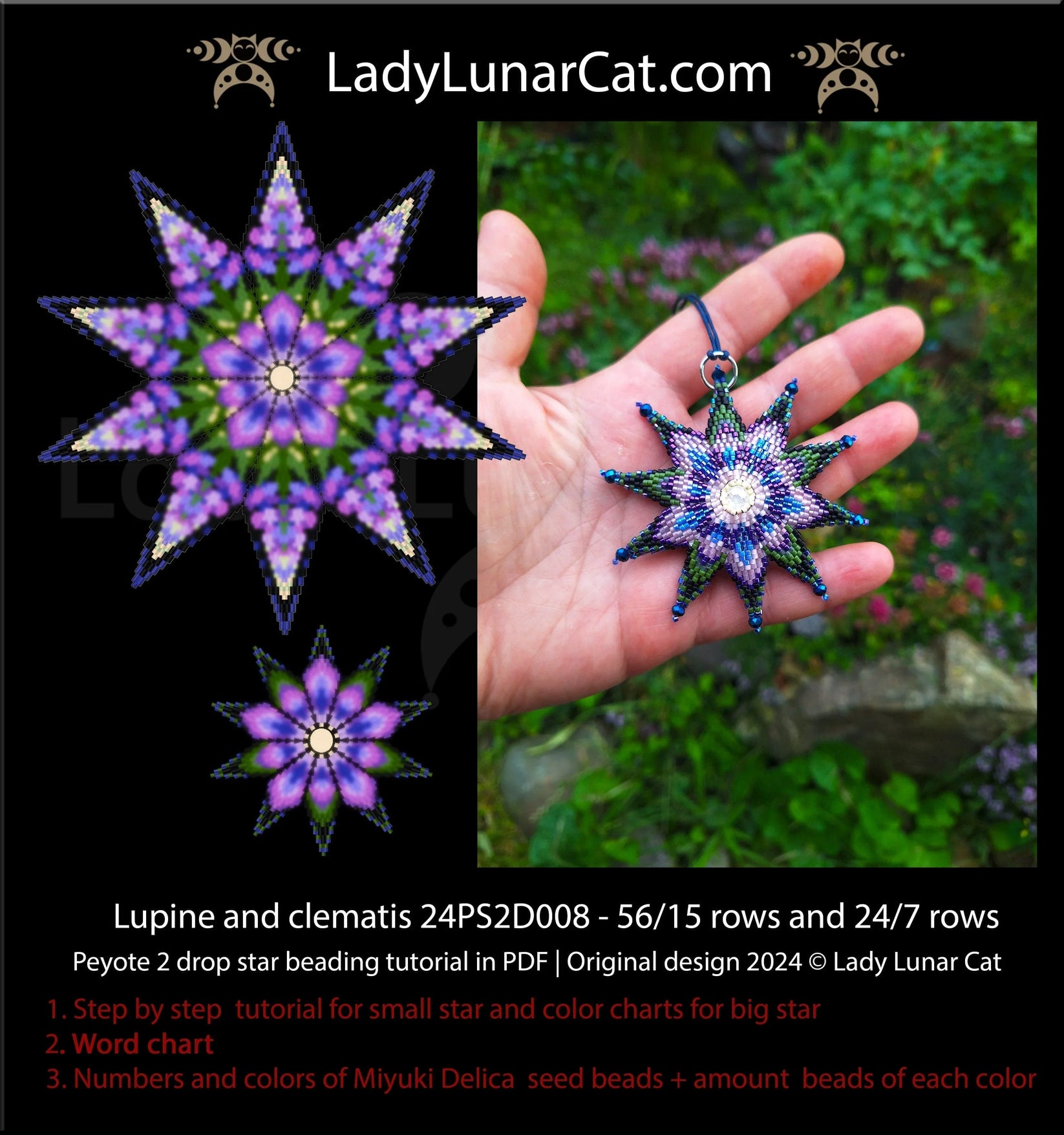 Peyote 2 drop star patterns set - Lupine and clematis 24PS2D008 by Lady ...